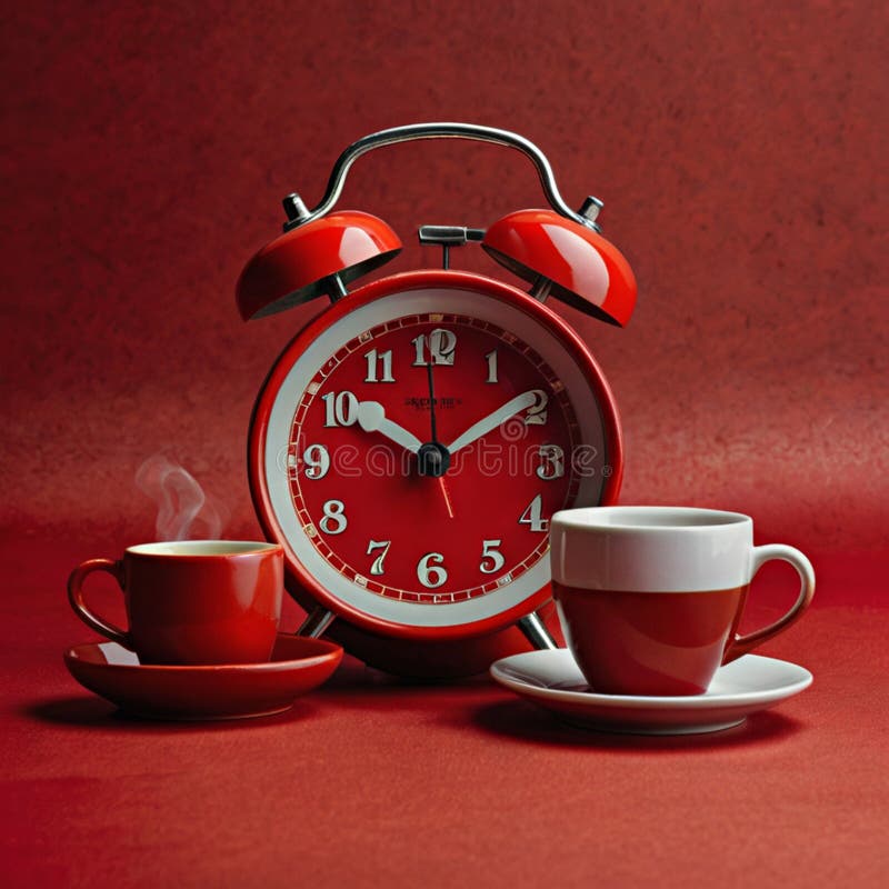 Alarm Clock and a Cup of Coffee on a Red Background Stock Illustration ...
