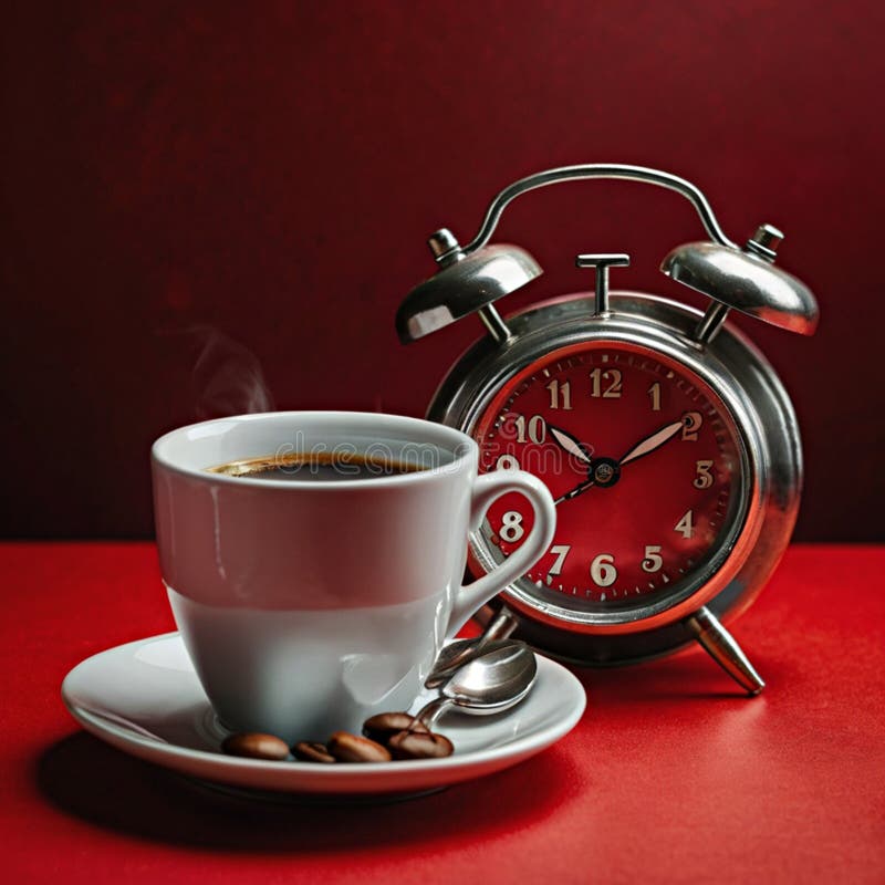 Alarm Clock and a Cup of Coffee on a Red Background Stock Illustration ...
