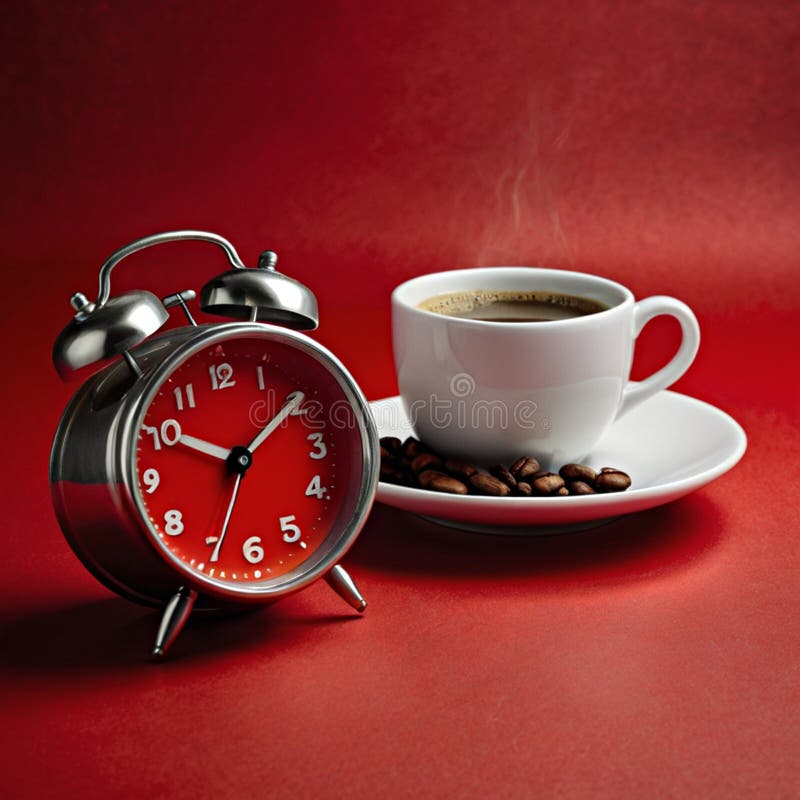 Alarm Clock and a Cup of Coffee on a Red Background Stock Illustration ...