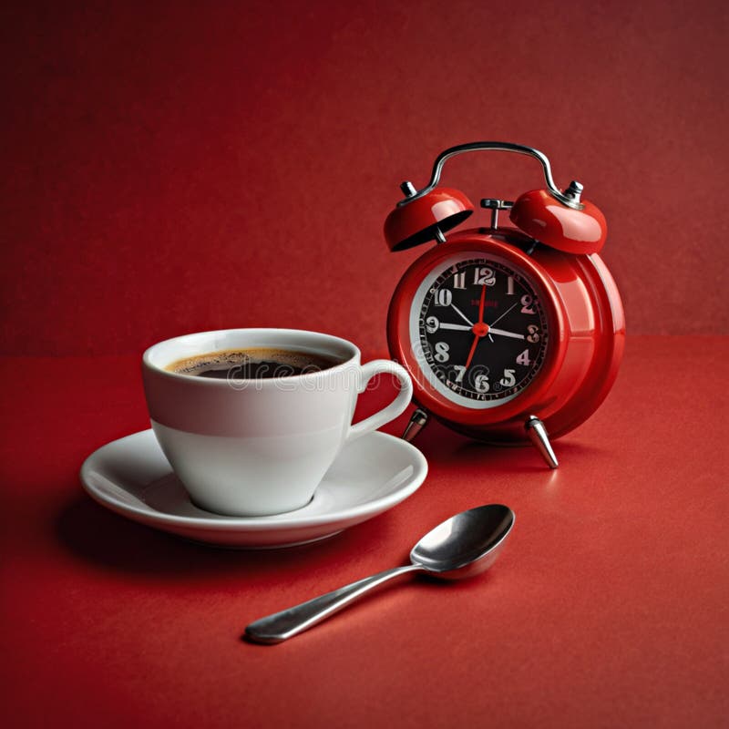 Alarm Clock and a Cup of Coffee on a Red Background Stock Illustration ...