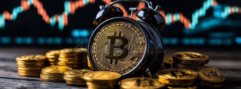 An Alarm Clock Featuring a Gold Bitcoin Symbol, Surrounded by Coin ...