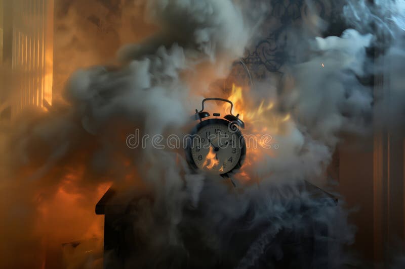 Alarm Clock on Fire Seen through a Smoky Room Stock Illustration ...