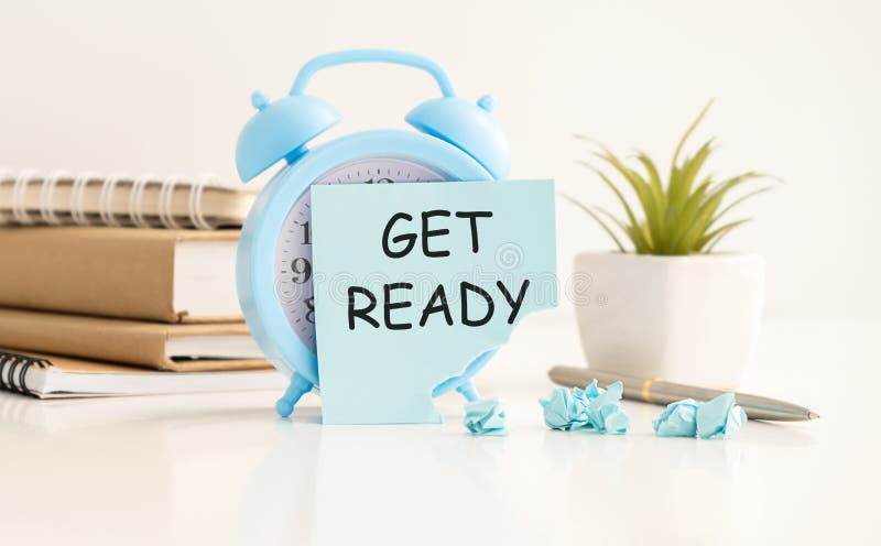 Alarm Clock with GET READY Word with Office Tools on White Table ...