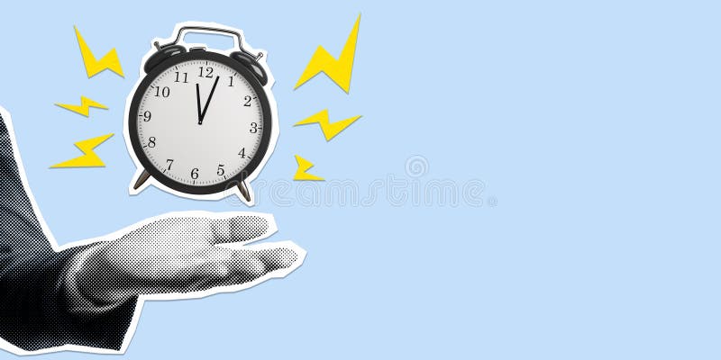 Alarm Clock in Hand with Yellow Lightning Bolts on Blue Background ...