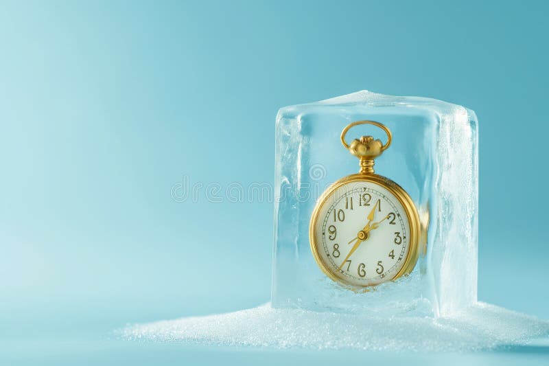 Alarm Clock in Ice Cube, Frozen Time. Stopping the Time Concept, Freeze ...