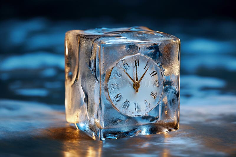 Alarm Clock in Ice Cube, Frozen Time. Stopping the Time Concept, Freeze ...