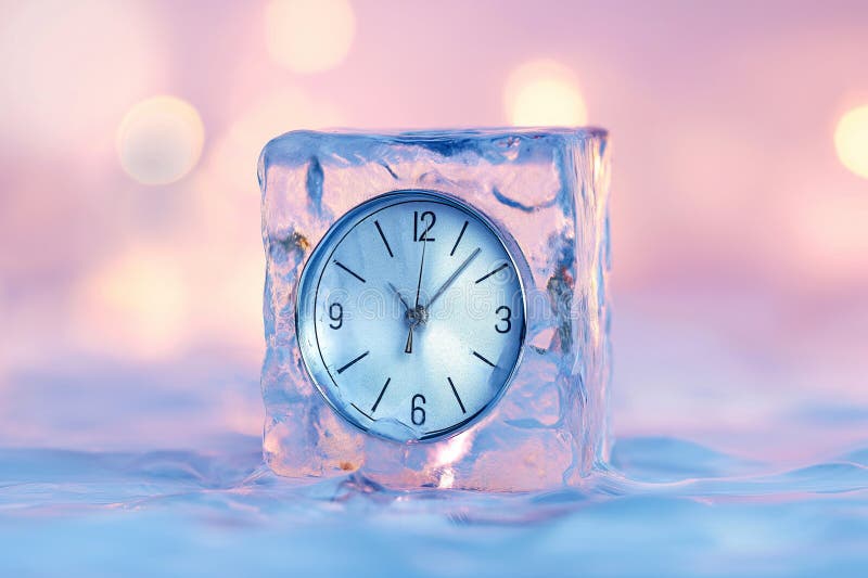 Alarm Clock in Ice Cube, Frozen Time. Stopping the Time Concept, Freeze ...