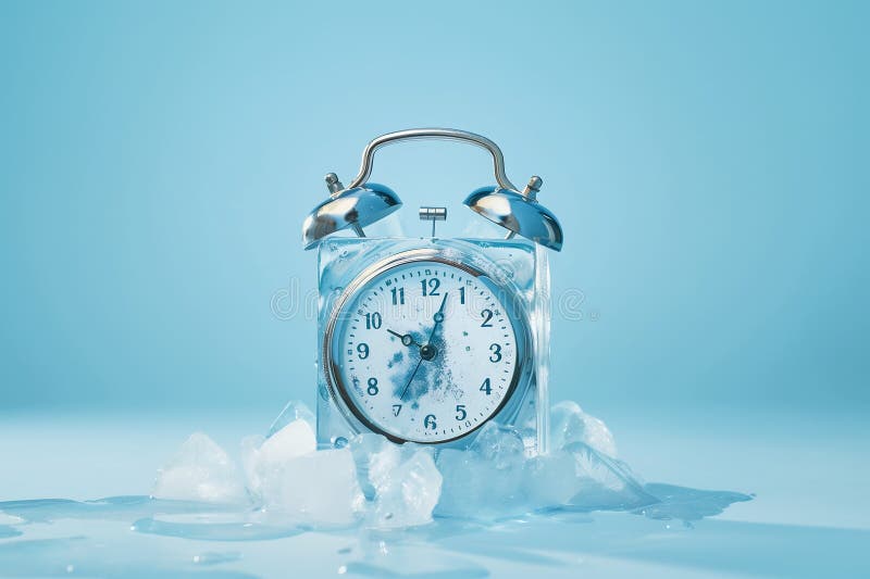 Alarm Clock Inside the Frozen Ice Block on Light Pastel Solid Blue ...