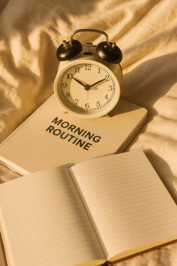Alarm Clock and Journal on Bed, Symbolizing Morning Routine. Time To ...