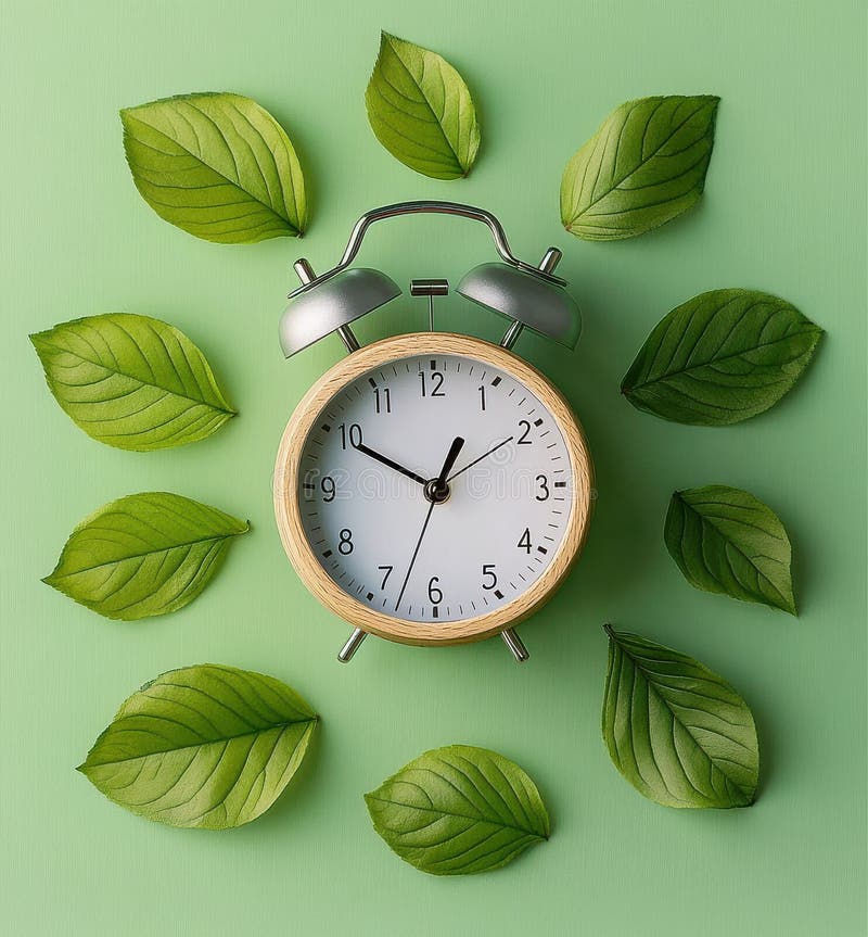 Alarm Clock among Leaves on Plain Background, Space Text. Concept Study ...