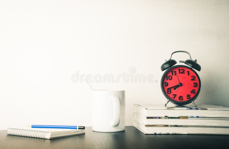 Alarm Clock with Morning Coffee on Office Table Stock Photo - Image of ...