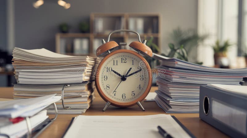 Alarm Clock and Papers on Office Table, Time Management Concept Stock ...