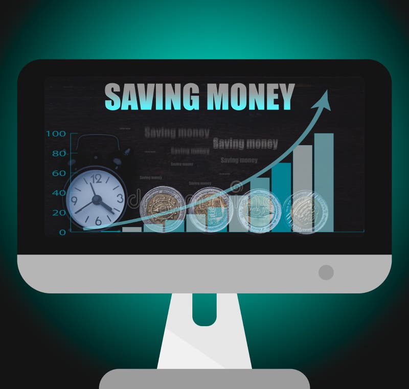 An Alarm Clock and a Pile of Coins are Placed on the Computer Screen a ...