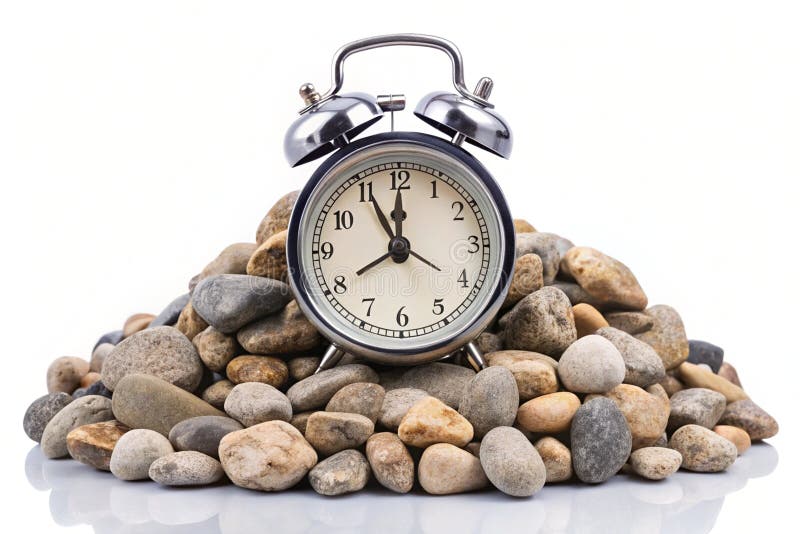 Alarm Clock on Pile of Stones Isolated on White Background Stock ...