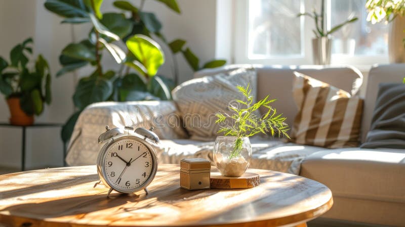 Alarm Clock on Table in Living Room Stock Illustration - Illustration ...