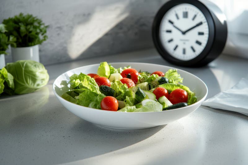 Alarm Clock and Salad on Table . Intermittent Fasting, Healthy Eating ...