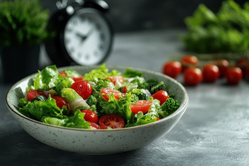 Alarm Clock and Salad on Table . Intermittent Fasting, Healthy Eating ...