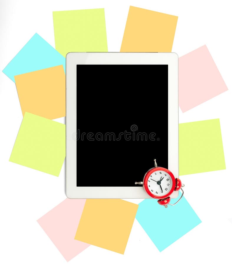 Alarm Clock with Set of Stickers and Tablet Stock Image - Image of ...