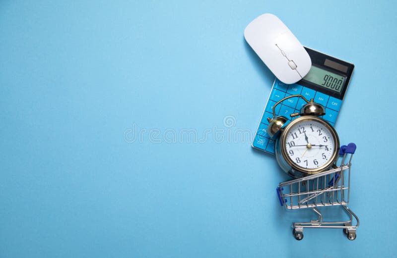 Alarm Clock, Shopping Cart on the Blue Background Stock Image - Image ...