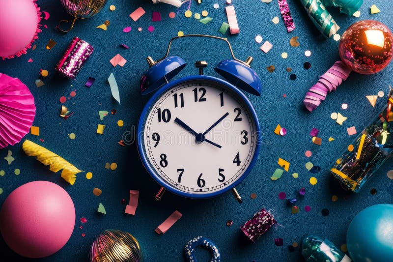 Alarm Clock Showing Midnight Surrounded by Colorful Party Decorations ...