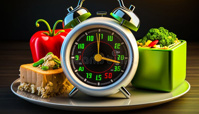 An Alarm Clock Sits on Plate with Food and Vegetables. Generative AI ...