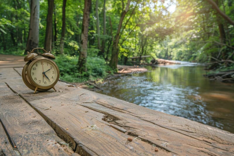 An Alarm Clock Sits on a Wooden Platform Near a Flowing River Stock ...