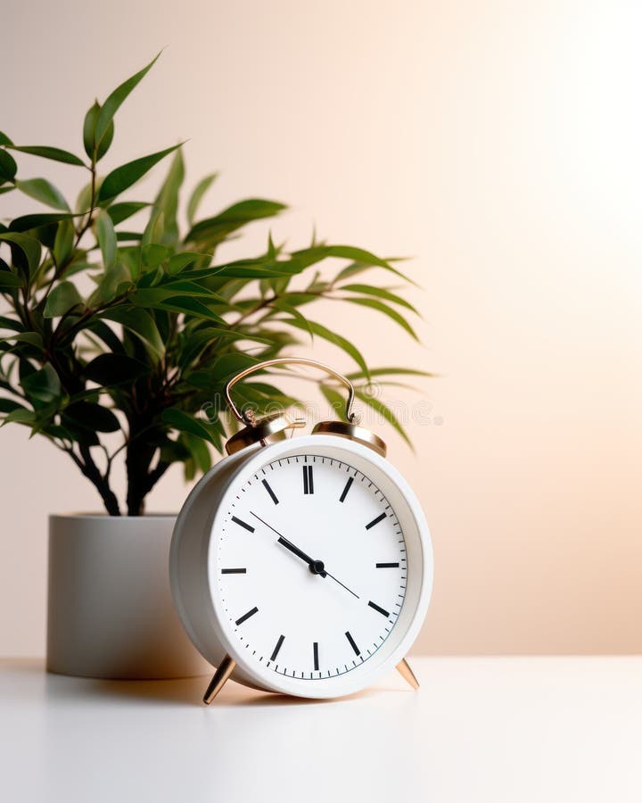 An Alarm Clock Sitting Next To a Plant on a Table Stock Illustration ...