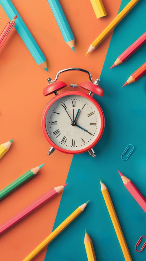 Alarm Clock Surrounded by Colored Pencils. Vertical Poster Stock Image ...