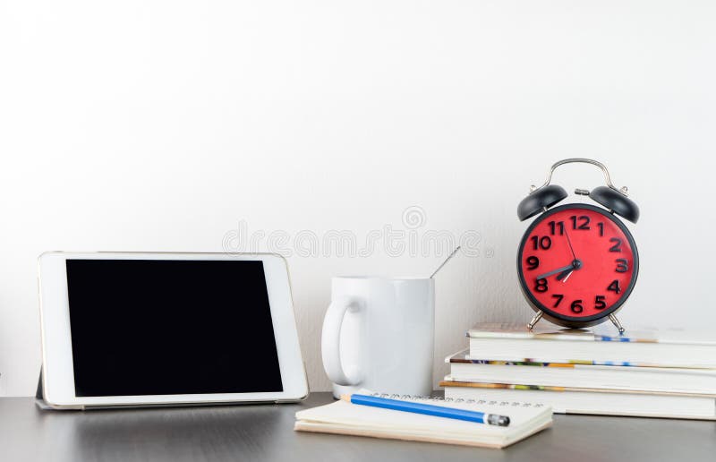 Alarm Clock with Tablet on Table Stock Image - Image of tabletop, clock ...