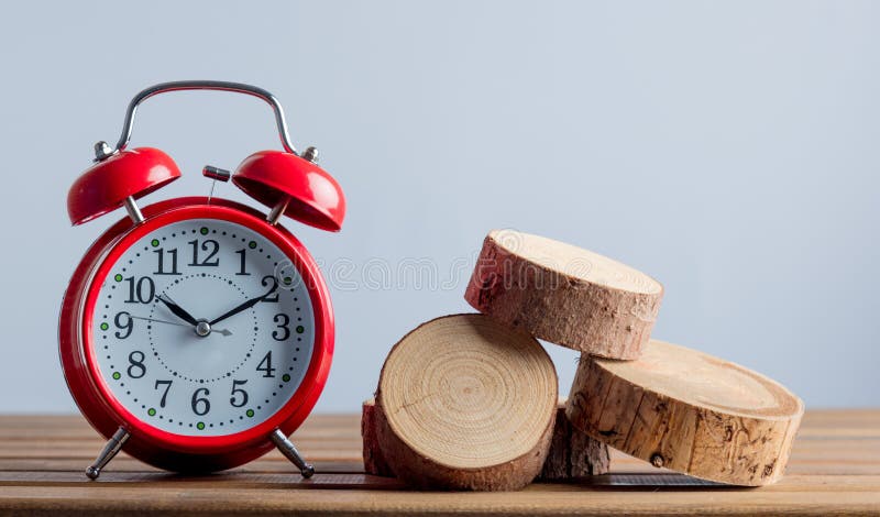 Alarm Clock and Tree Cutted Trunk on Grey Background Stock Image ...
