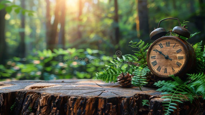 Alarm Clock on Tree Stump stock photo. Image of wake - 310871710