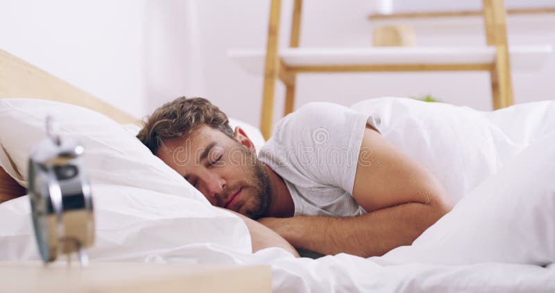 Alarm, Clock and Wake Up, Man in Bed Sleeping for Rest or Refresh in ...