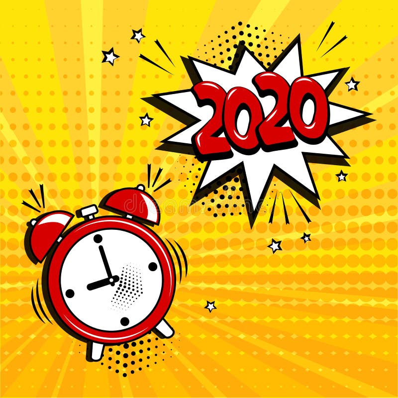 Alarm Clock with White Comic Bubble with 2020 Word on Yellow Background ...
