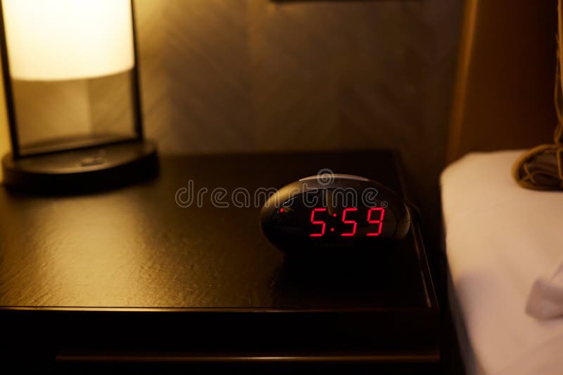 Alarm Clock Work Time on the Bed 05:59 am. Stock Photo - Image of green ...