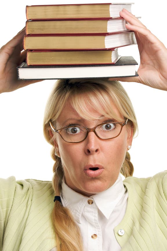 Alarmed Woman Carries Stack of Books on Head Stock Photo - Image of ...
