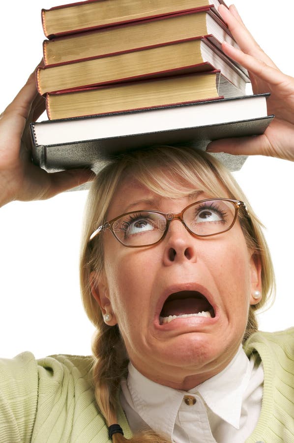 Alarmed Woman Under Stack of Books on Head Stock Photo - Image of ...