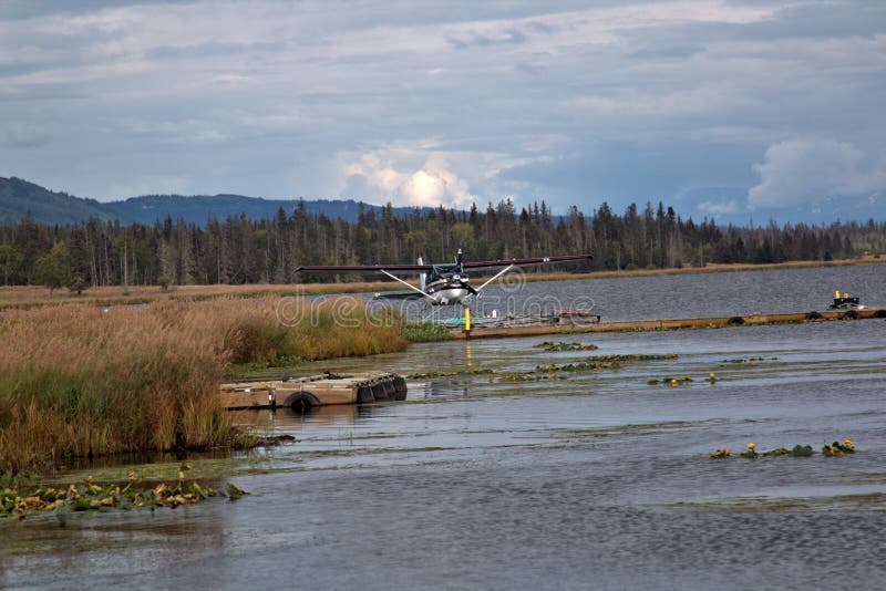 Alaska Float Plane Moored at Dock Amid Foliage Reflections Stock Image ...