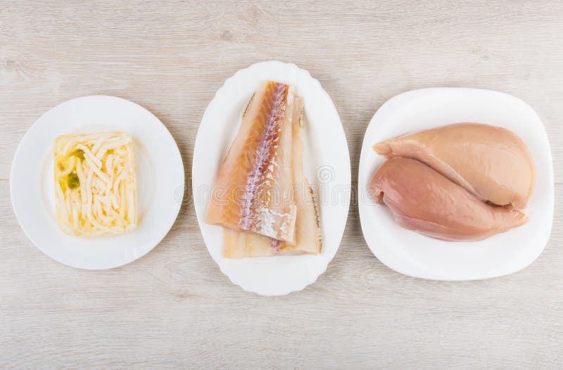 Alaska Pollock Fillets, Jelly with Squid and Chicken Breast Stock Image ...