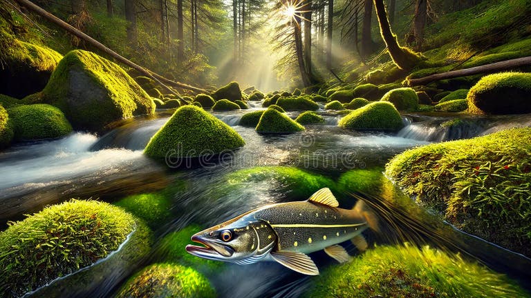 Alaska Pollock in a Forest Stream, with Moss-covered Rocks Stock ...