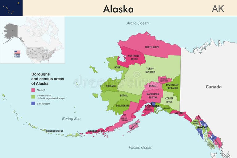 Alaska State Map with Boroughs and Census Areas Borders. Alaska S at ...
