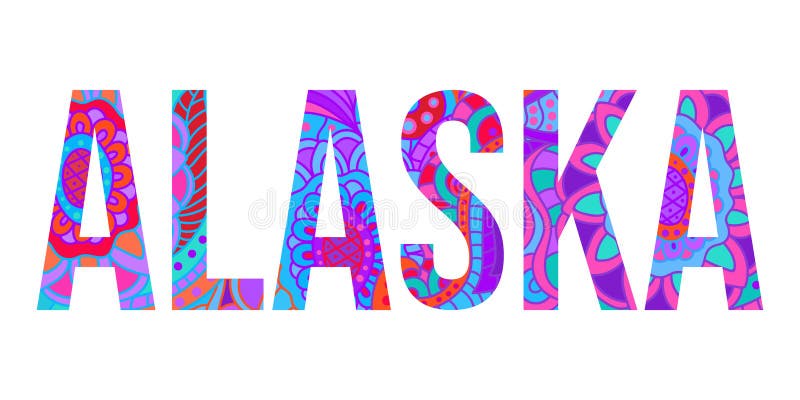Alaska State Text Name Filled with Colorful Doodle Pattern Stock ...