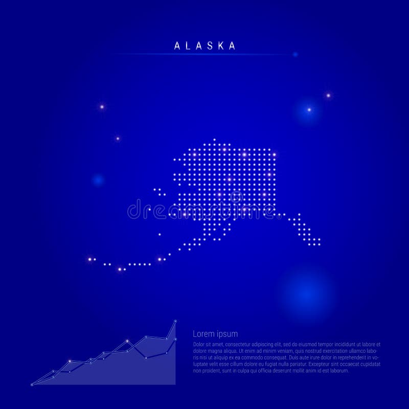 Alaska US State Illuminated Map with Glowing Dots. Dark Blue Space ...