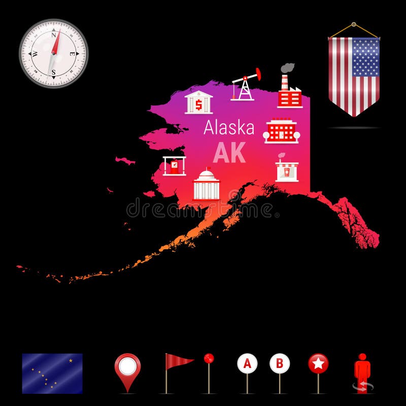 Alaska Vector Map, Night View. Compass Icon, Map Navigation Elements ...
