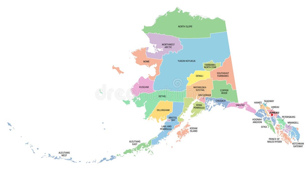 Alaska, U.S. State, Boroughs and Census Areas, Multi Colored Political ...