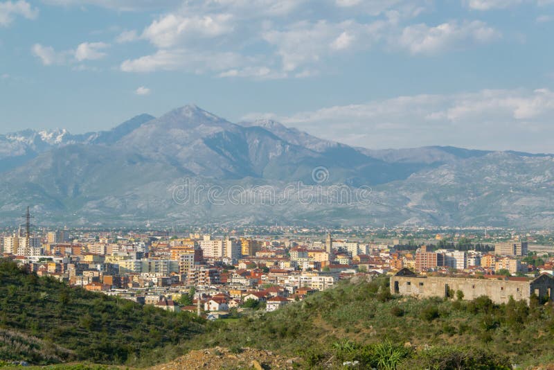 Albanian City Shkoder Cityscape with Mountain Background Stock Photo ...