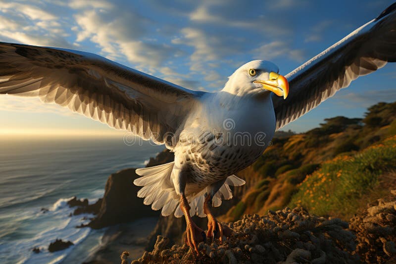 Albatross Flying Over the Ocean Cliffs. Stock Illustration ...