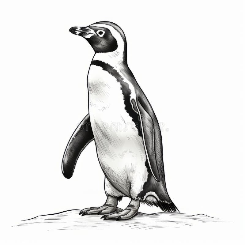 Realistic Penguin Illustration with Detailed Shading and Line Drawing ...