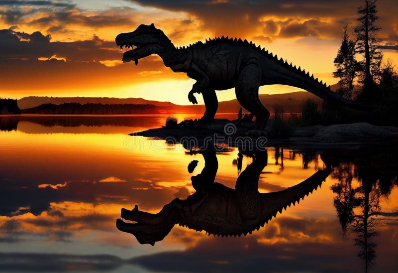 Albertosaurus Dinosaur on the Lake Shore at Sunset. Stock Illustration ...