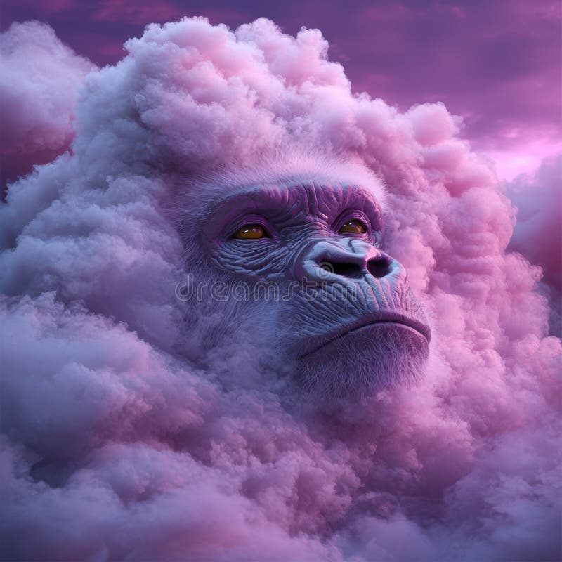 Albino Gorilla Surrounded by Pink Clouds Stock Illustration ...
