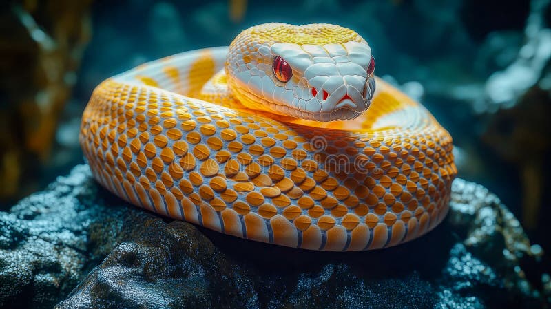 An Albino Snake Curled Up on a Dark Rock Stock Illustration ...